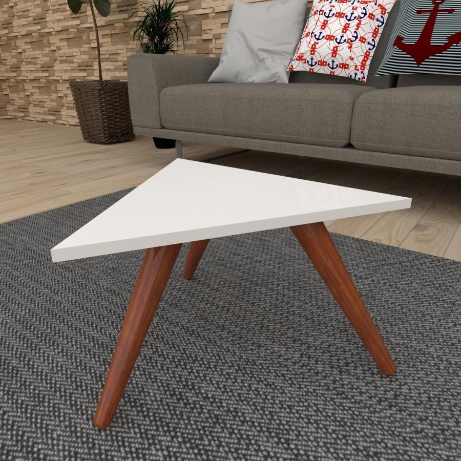 Mesa de Centro triangular em mdf branco com 3 pés inclinados em madeira ...