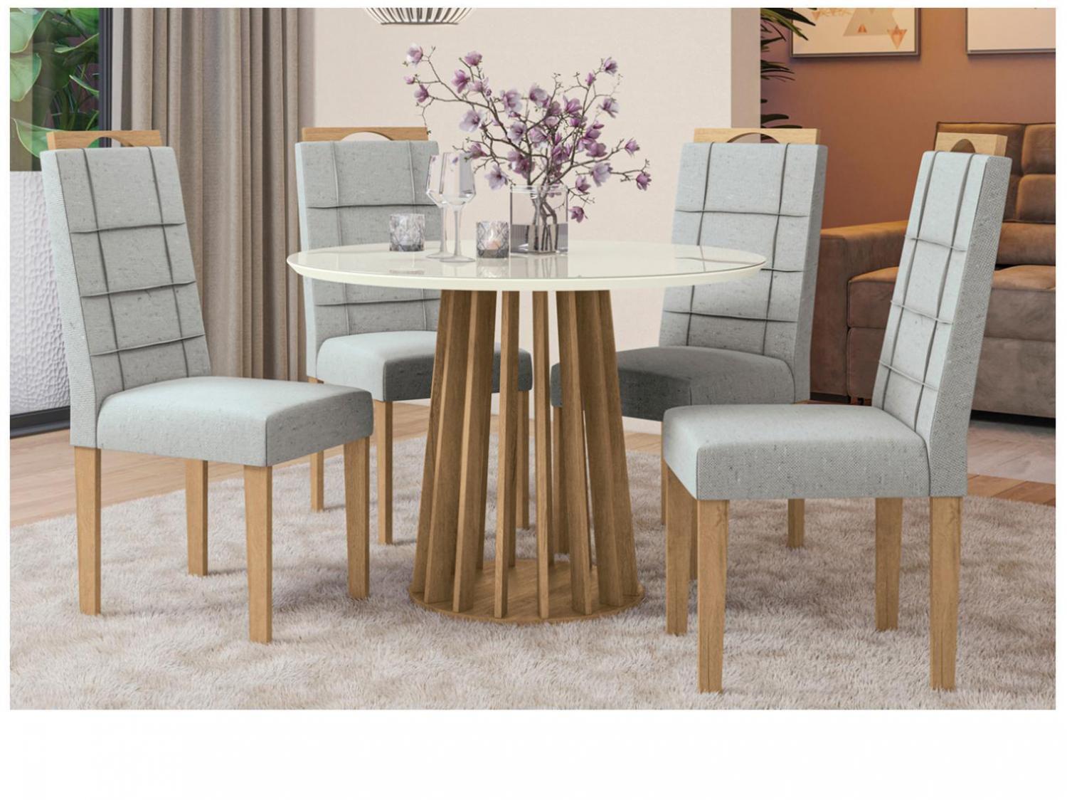 Mesa de Jantar 4 Cadeiras 4 Lugares Redonda Freijó e Off White Kappesberg