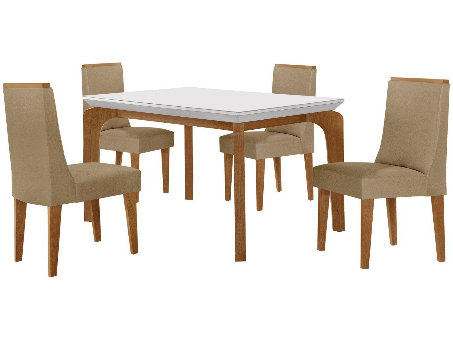 Mesa de Jantar 4 Cadeiras Retangular Imbuia e Off White Tampo de MDF com Vidro Rufato Londrina