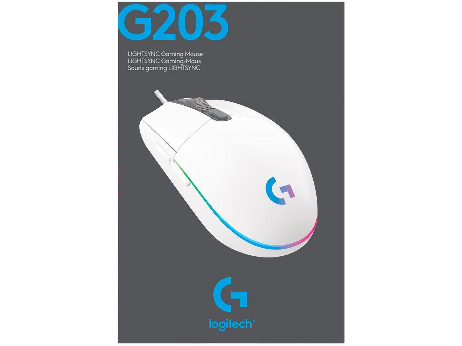 Mouse Gamer Logitech G Óptico 8000DPI 6 Botões - G203 Lightsync Branco ...