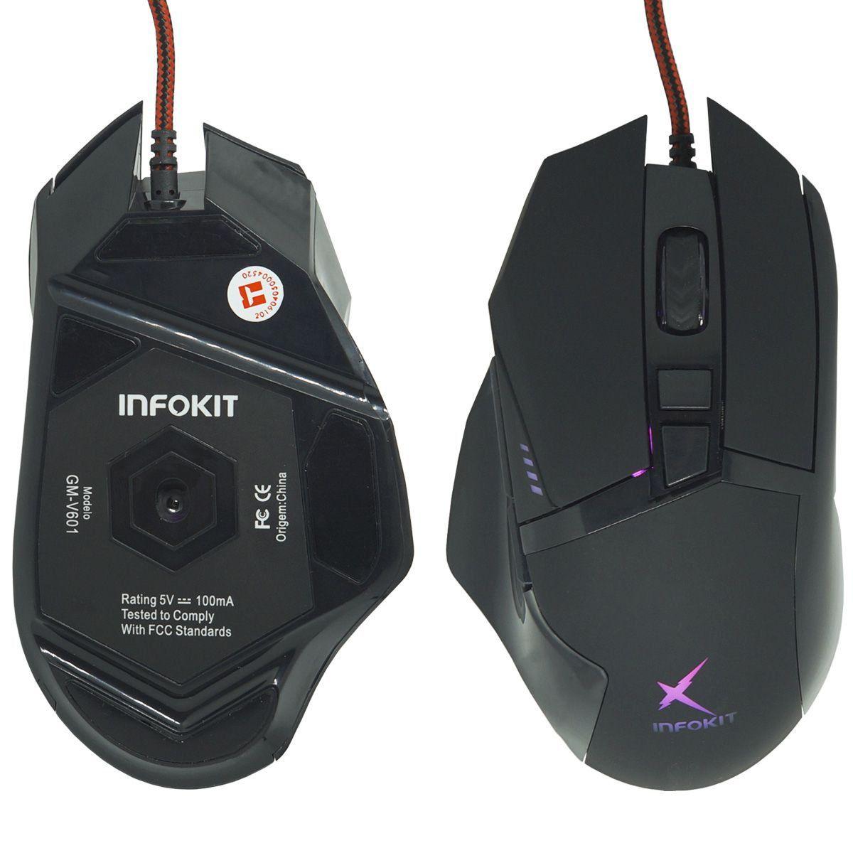 Mouse Óptico Gamer Usb 2400 Dpi 6 Botões Led Rgb 4 Cores Cabo Infokit X Soldado GM-601 Preto ...