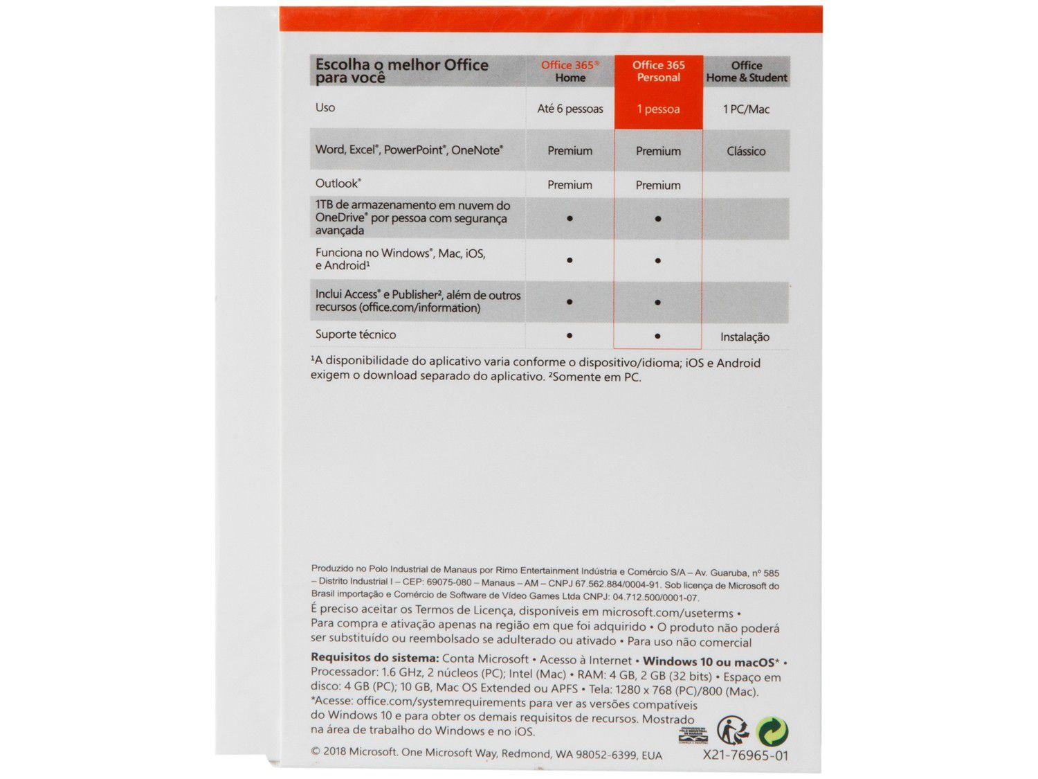 Pacote Office 365 Personal 1 Ano Digital - Microsoft - Software ...