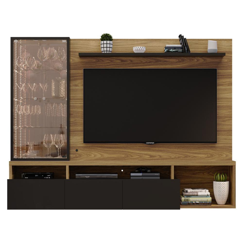 Painel Para TV Até 70 Polegadas Estante 6 Prateleiras 3 Gavetas Cristaleira LED Marrom e Preto ...