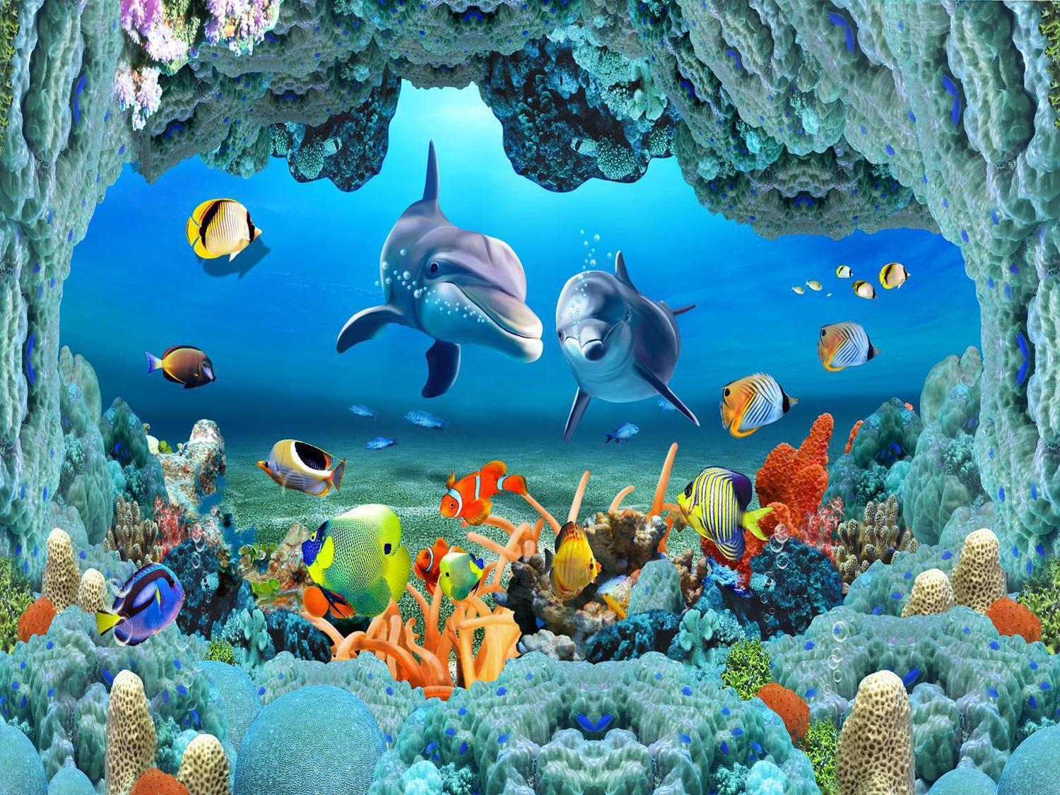 Papel De Parede Fundo Do Mar Golfinhos Mar 3D At68 3M² - Você Decora ...
