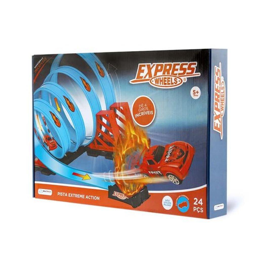 Pista Express Wheels Extreme Action com 4 Loop 360 Com Carrinho e 24 ...