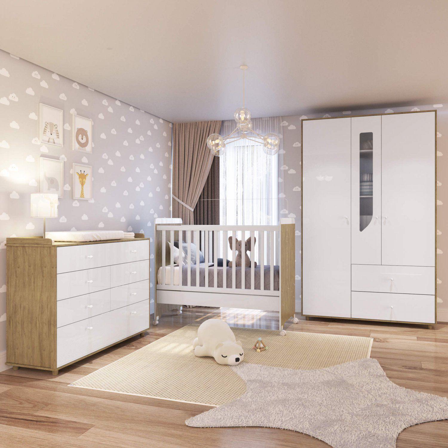 Quarto de Bebê Completo com Guarda Roupa 3 Portas, Cômoda e Berço Mini ...