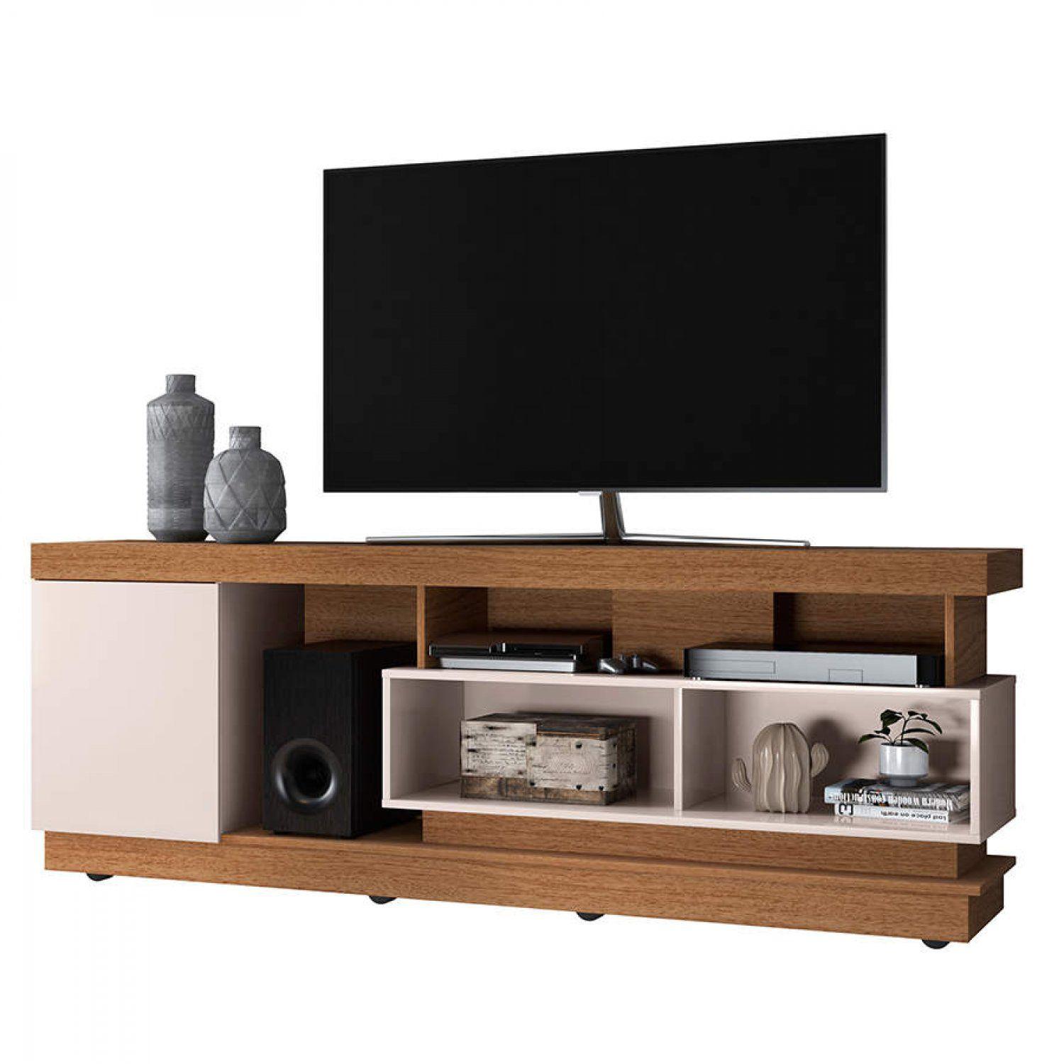 Rack Bancada para TV até 75 Polegadas 1 Porta 5 Nichos Tijuca Colibri Natura Real/Off White ...