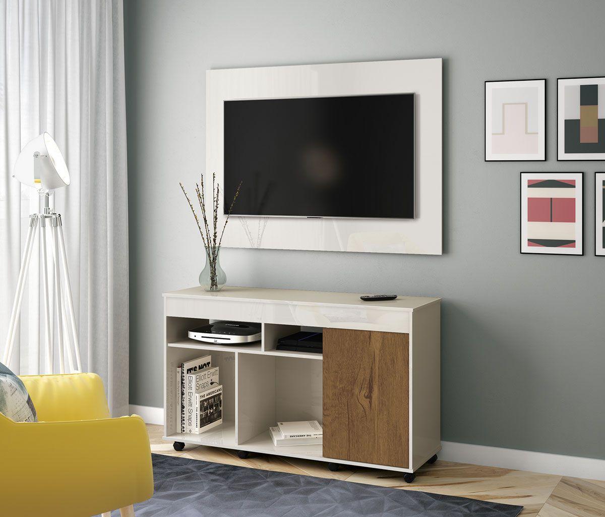 Rack com Painel Vision Off White com Naturale - Edn Móveis - Rack com ...