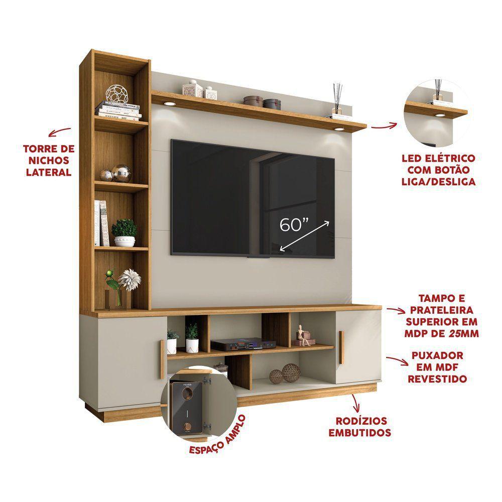 Rack Painel Tv 60 Polegadas Largura 180 Cm Altura 190 Cm Com Rodas Com Led Nichos 2 Portas Off ...