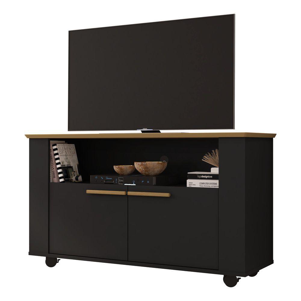 Rack Para Tv 42 Polegadas Largura 108 Cm Altura 62 Cm Com 2 Portas Com Rodas Cor Marrom E Preto ...