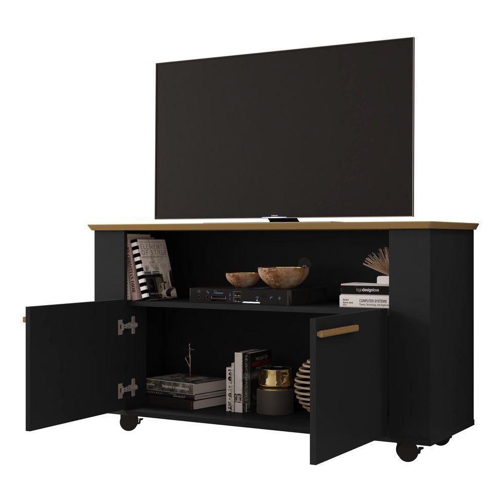 Rack Para Tv 42 Polegadas Largura 108 Cm Altura 62 Cm Com 2 Portas Com Rodas Cor Marrom E Preto ...