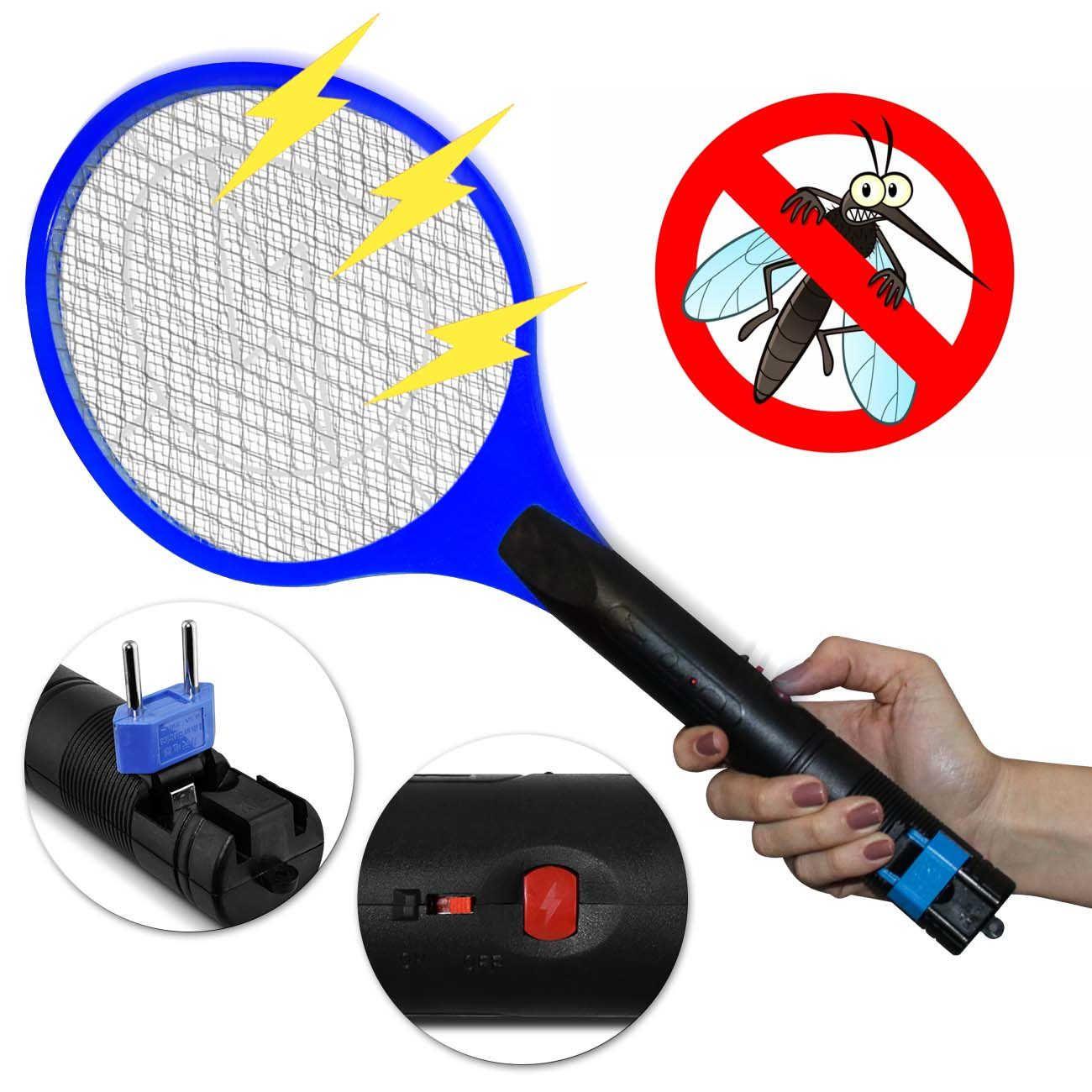 Raquete Elétrica Mata Moscas Mosquito Pernilongo Recarregavel Azul ...
