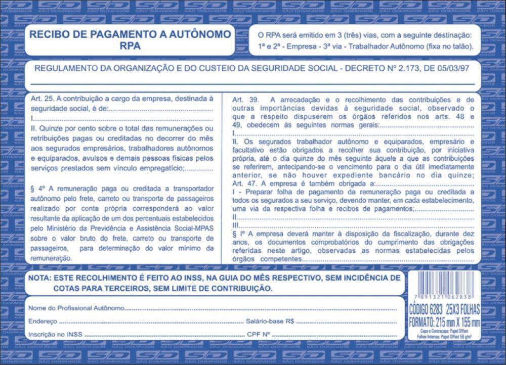 Recibo Pagamento Autônomo RPA 3 Vias São Domingos - Sao Domingos ...