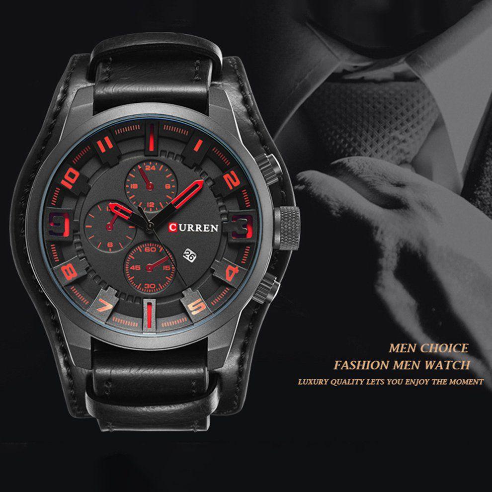 Relógio Masculino Curren 8225 Bracelete Couro Preto Números Vermelhos ...