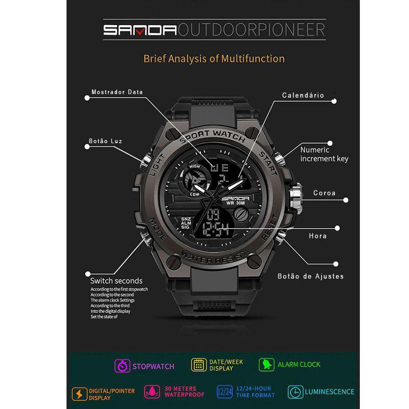 Relógio Sanda 739 Shock G Militar Esportivo Digital Analógico - Preto - Relógio Masculino ...