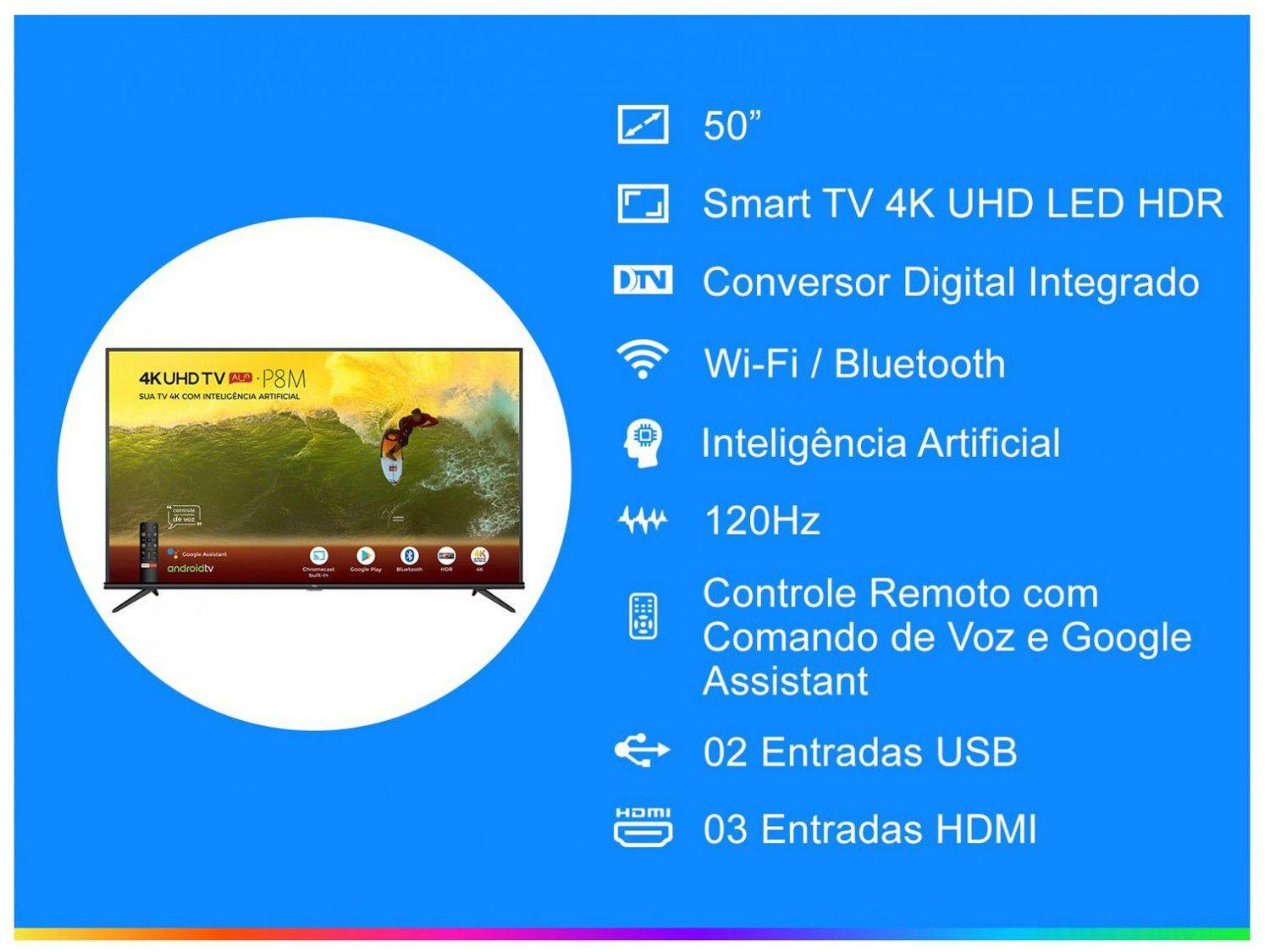 Smart TV 4K LED 50” SEMP TCL 50P8M Android Wi-Fi - Bluetooth HDR ...