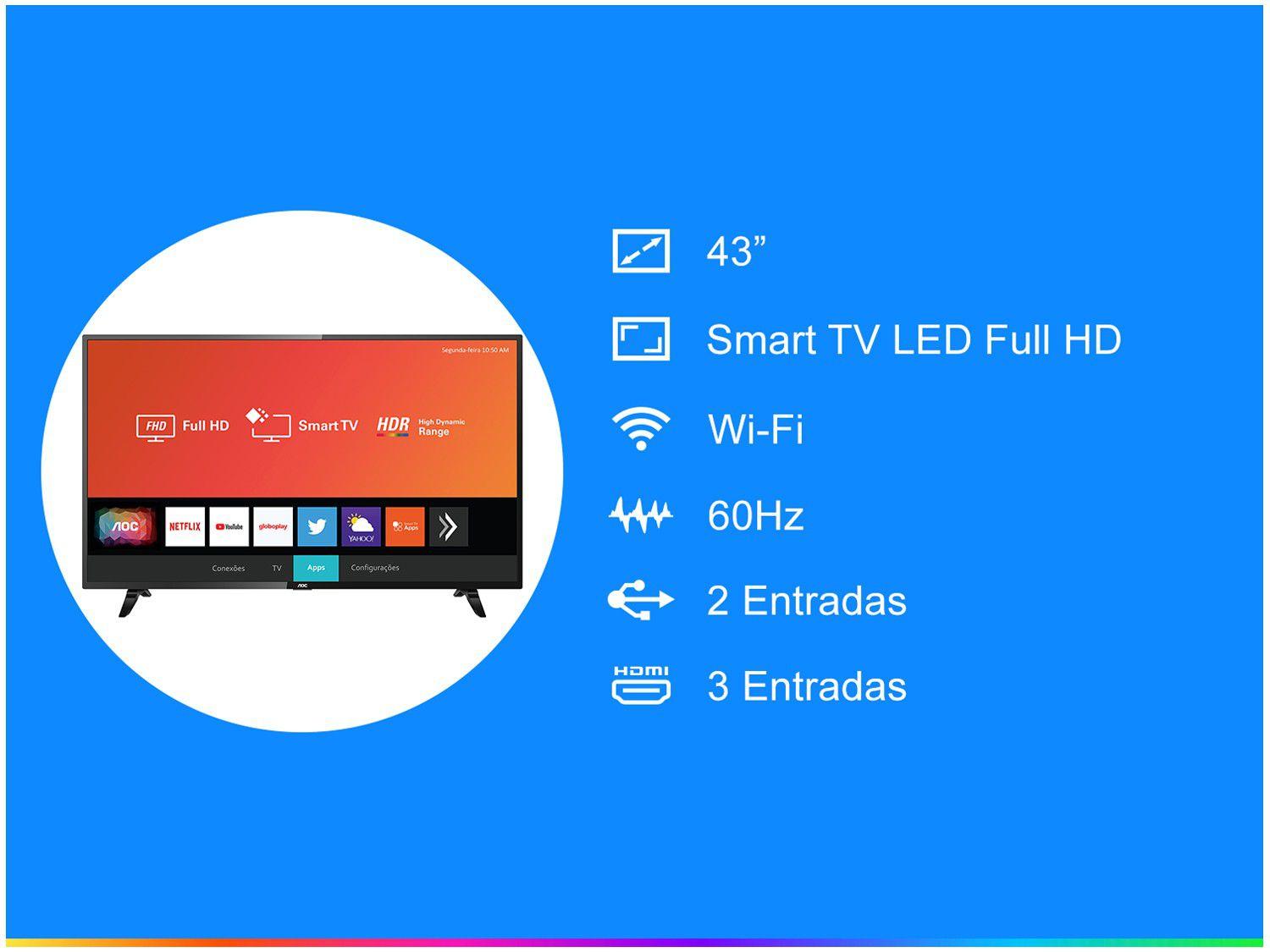 Smart TV Full HD LED 43” AOC 43S5295/78G - Wi-Fi HDR 3 HDMI 2 USB ...