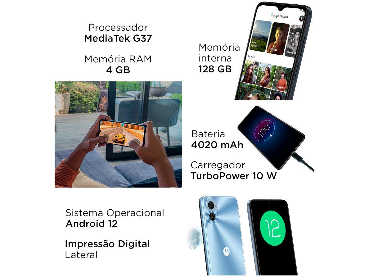 Smartphone Motorola Moto E22 128GB Azul 4G 4GB RAM 6,5" Câm. Dupla ...