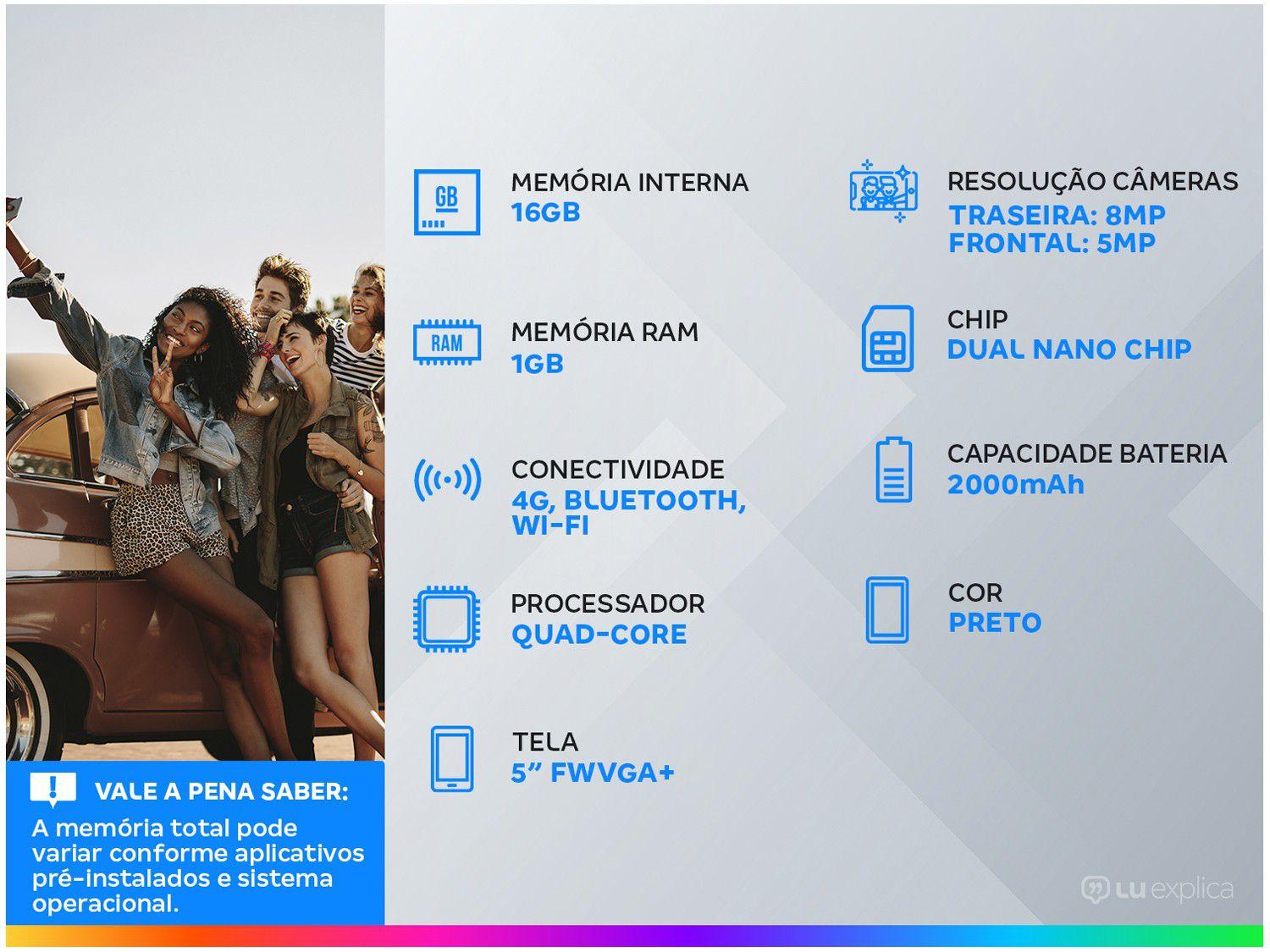 Smartphone TCL L5 16GB Preto 4G Quad-Core - 1GB RAM Tela 5” Câm. 8MP ...