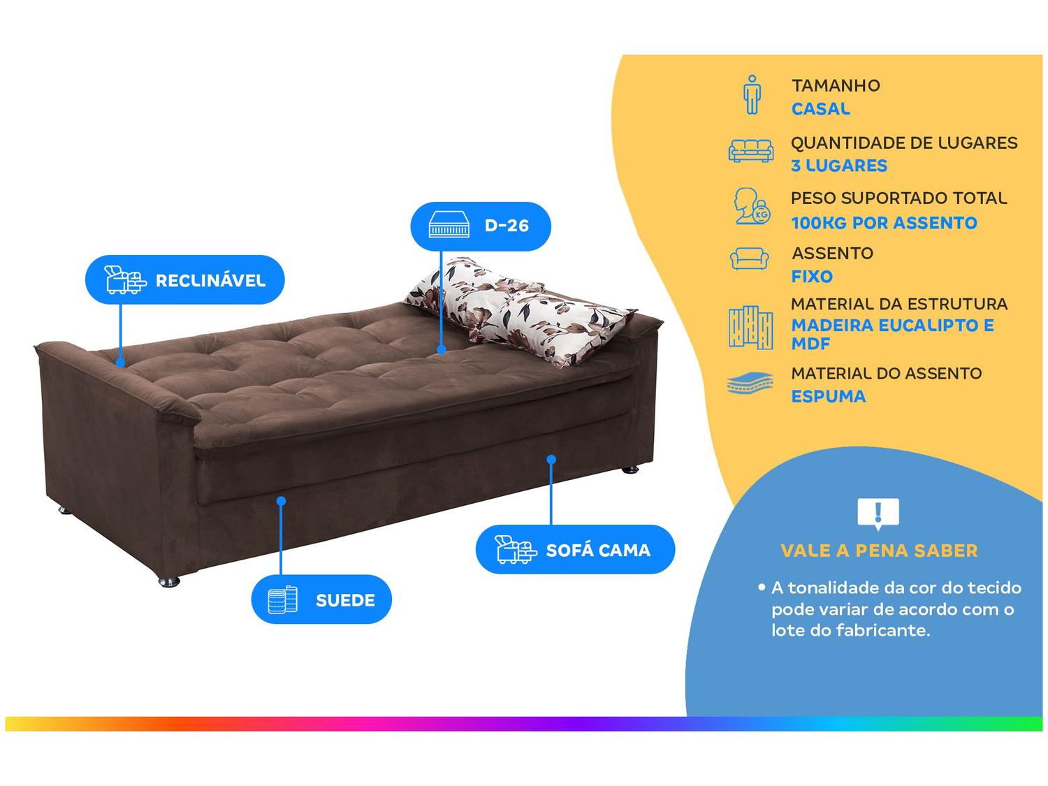 Sofá-cama Casal 3 Lugares Reclinável Veludo - Marrom,Floral