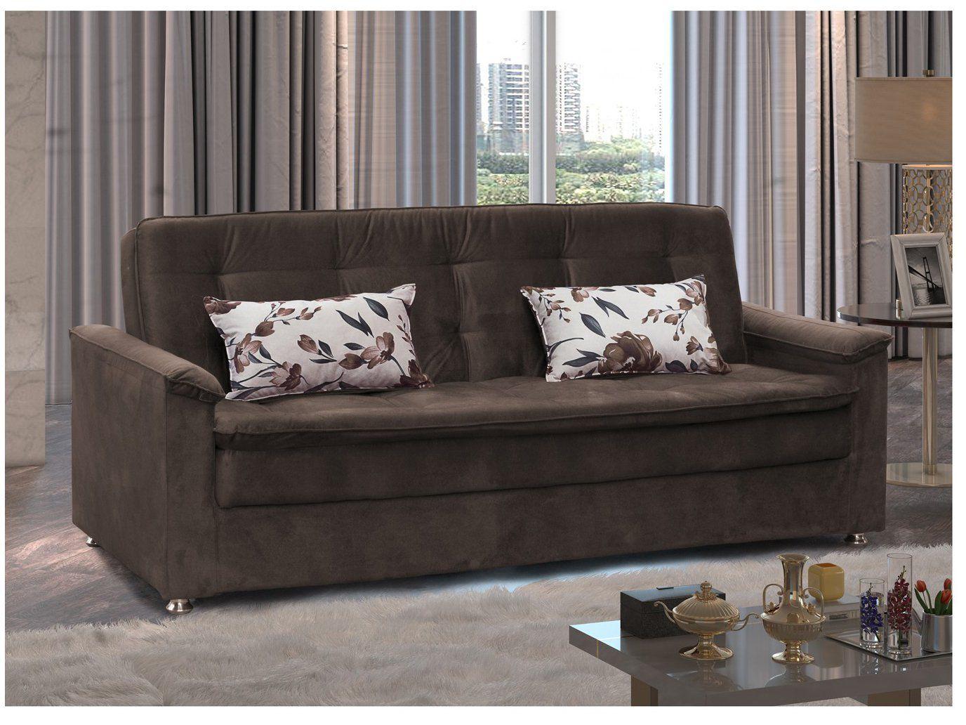 Sofá-cama Casal 3 Lugares Reclinável Veludo - Marrom,Floral