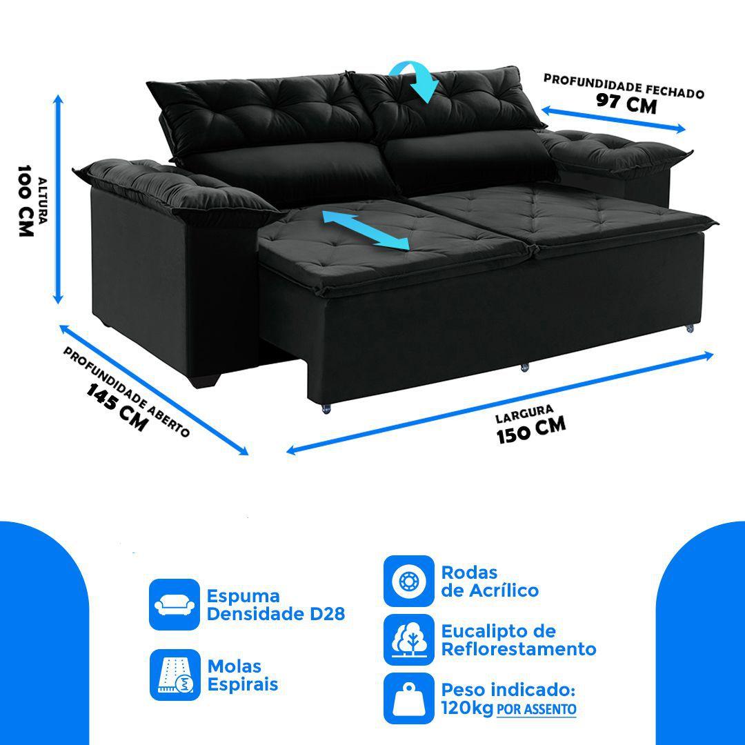 Sofá Compact 150 cm Retrátil e Reclinável com Molas Espirais Preto - WS ...