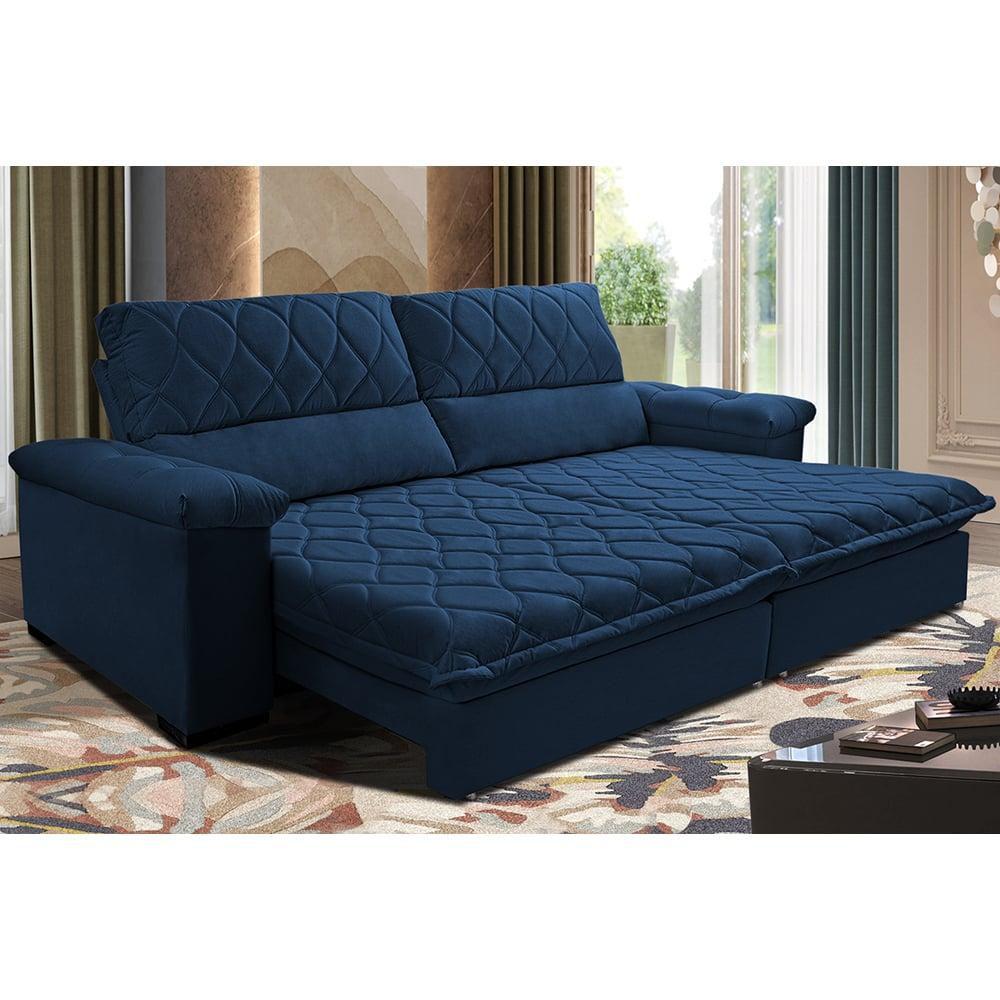 Sofa Retratil E Reclinavel 2 75m Molas Ensacadas Cama Inbox Big Home Com Bordado 3d Velusoft Azul