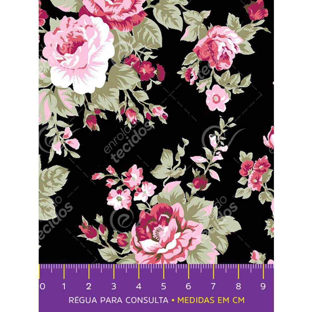 Tecido Tricoline Estampado Floral Rosa Fundo Preto - 1,50m de Largura ...