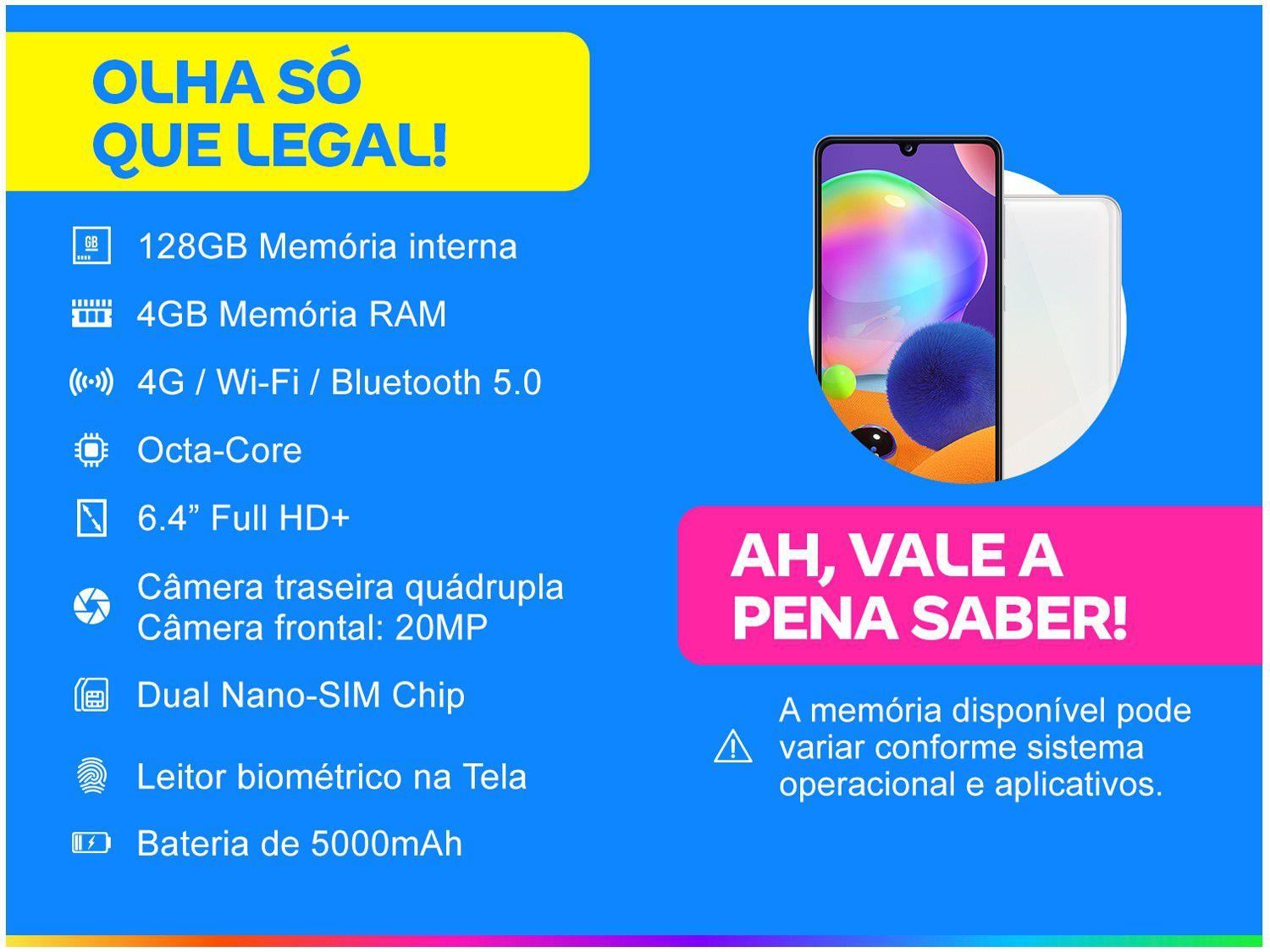 Smartphone Samsung Galaxy A31 128GB Branco 4G - Octa-Core 4GB RAM Tela ...