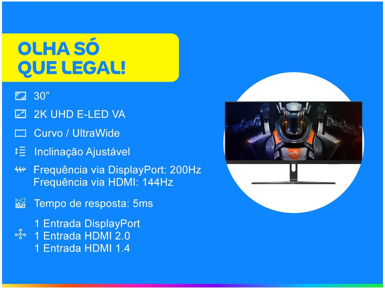 Monitor Gamer Philco PMG30C920WFG 30" Curvo 2K UHD HDMI 200Hz