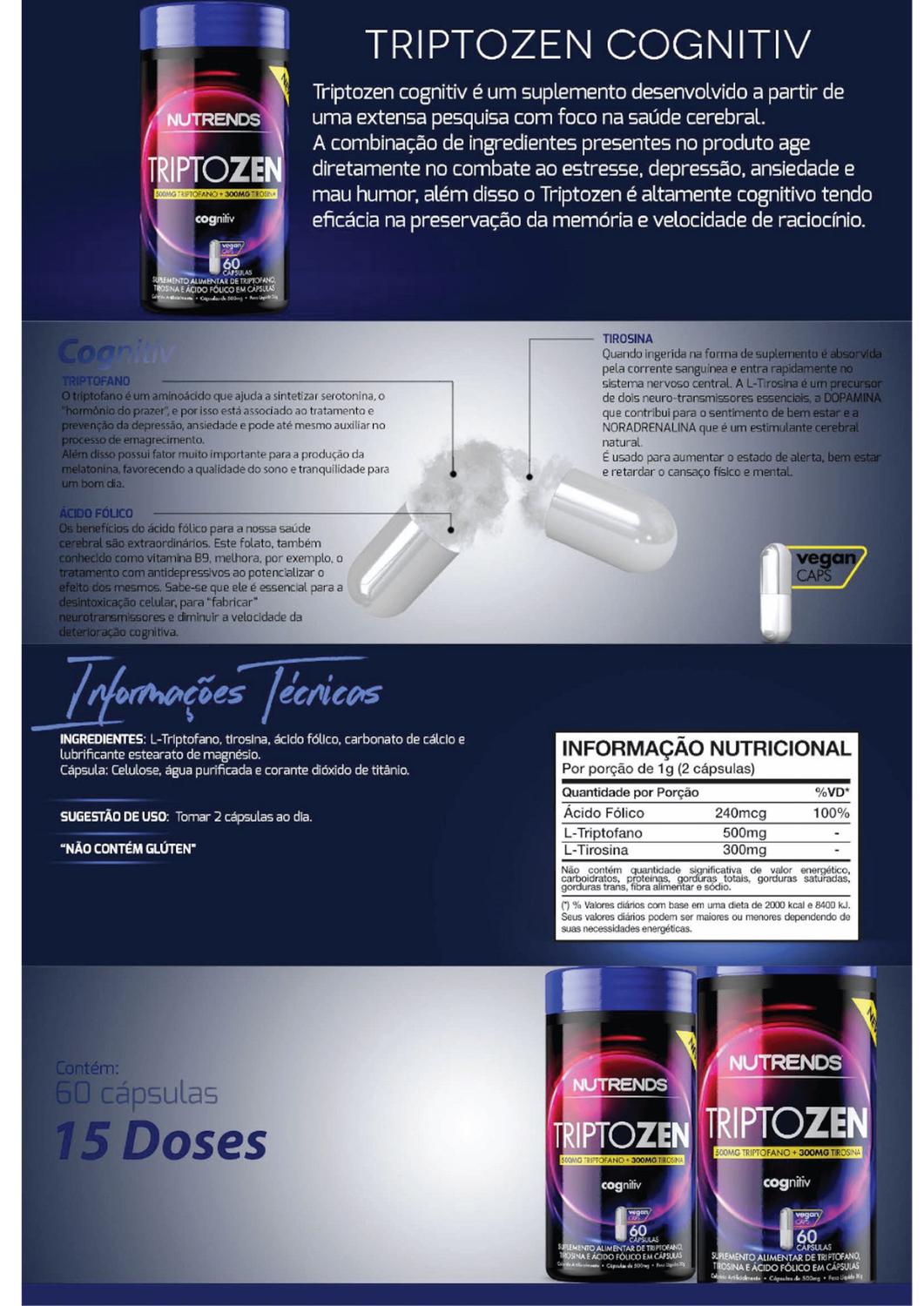 Triptozen Cognitiv (500mg Triptofano + 300mg Tirosina) - Nutrends ...