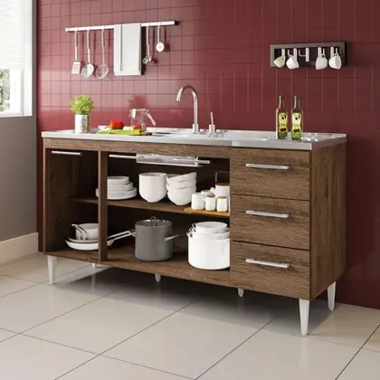 Balcão Vitória Para Pia De 1,60 3 Portas 3 Gavetas Castanho - MILANI ...