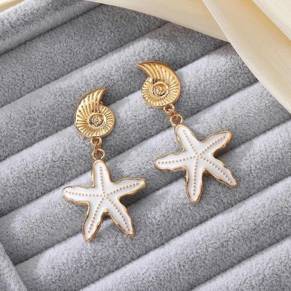 Brincos Pendentes De Concha E Estrela-do-mar Dourados Estilo Retrô Para ...