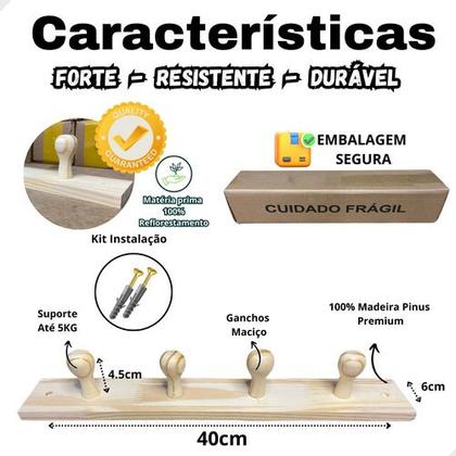 Cabideiro De Parede Com 4 Ganchos Madeira Pinus Para Hall - CRP ...