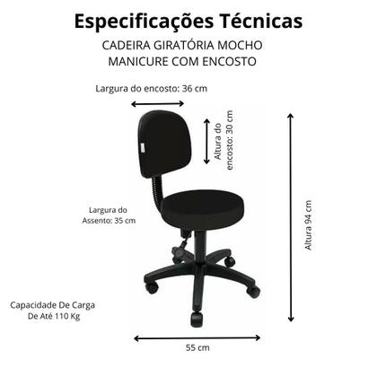 Cadeira Mocho C/ Encosto Giratório Estética Massagista e Tatuador, varias cores direto da ...
