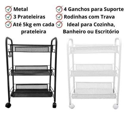 Carrinho organizador em metal 3 prateleiras cesto multiuso auxiliar ...