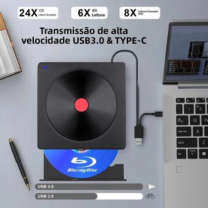 Drive Externo Blu-ray USB 3.0 Tipo-C Portátil, Gravador De DVD E CD ...
