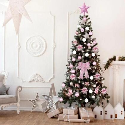 Enfeites De Natal Rosa Com Glitter 2026 Flores De Poinsétia, Frutas ...