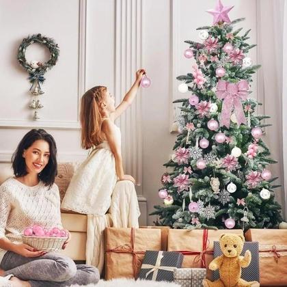 Enfeites De Natal Rosa Com Glitter 2026 Flores De Poinsétia, Frutas ...