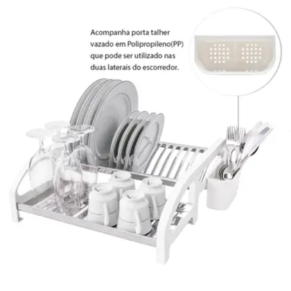 Escorredor de Louça 16 Pratos Branco em aço Inox Cama com Porta Talher ...