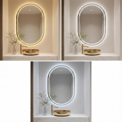 Espelho Oval Jateado FLORAL 3 tons de Led, Botão Touch e Fonte Slin ...