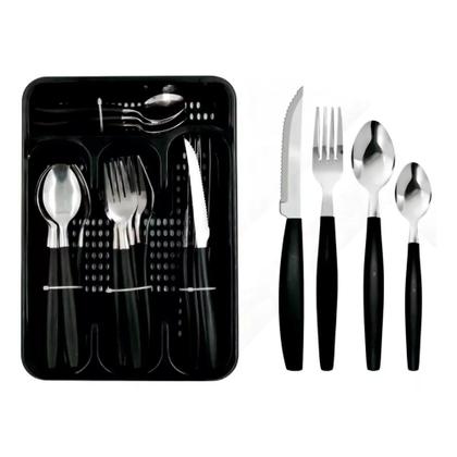 Faqueiro Conjunto Kit Talheres Inox 24 Peças e Porta Talher Preto ...