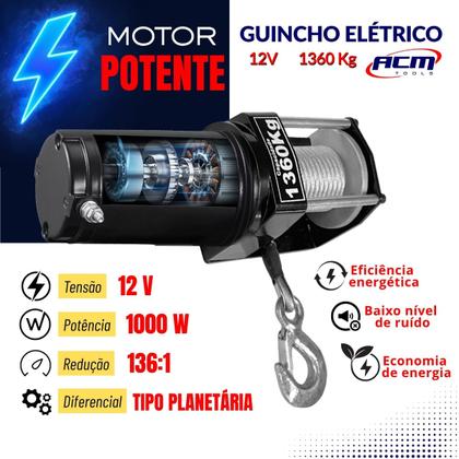 Guincho Eletrico 12V 3000LBS/ 1360Kg Cabo de Aco GE1360-1 ACM TOOLS kK ...