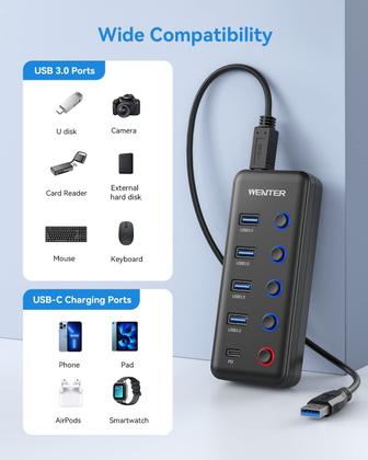 Hub USB Wenter de 5 portas USB 3.0 com porta de carregamento tipo C ...