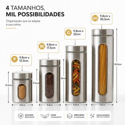 Kit 4 Potes Herméticos Vidro Inox Premium Porta Mantimentos Café, Arroz ...