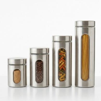 Kit 4 Potes Herméticos Vidro Inox Premium Porta Mantimentos Café, Arroz ...