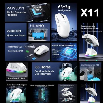 Mouse Gamer Sem Fio Ergonômico Ultra-Leve RGB Attack Shark X11 X6 X3 R1 ...