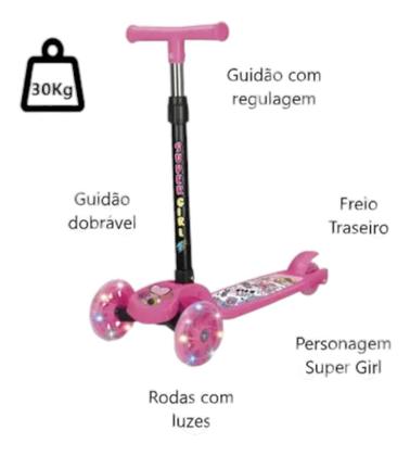 Patinete Infantil Supergirls Etitoys 3 Rodas com Luzes LED Dobrável ...