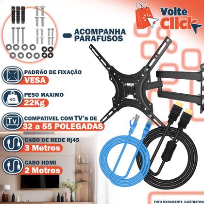 Suporte Triarticulado Ajustável para TV 32 a 55 Polegadas com Cabo HDMI ...