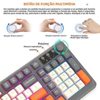 Teclado Gamer Sem Fio Retroiluminado RGB 98 Teclas Tri-modo Bluetooth ...